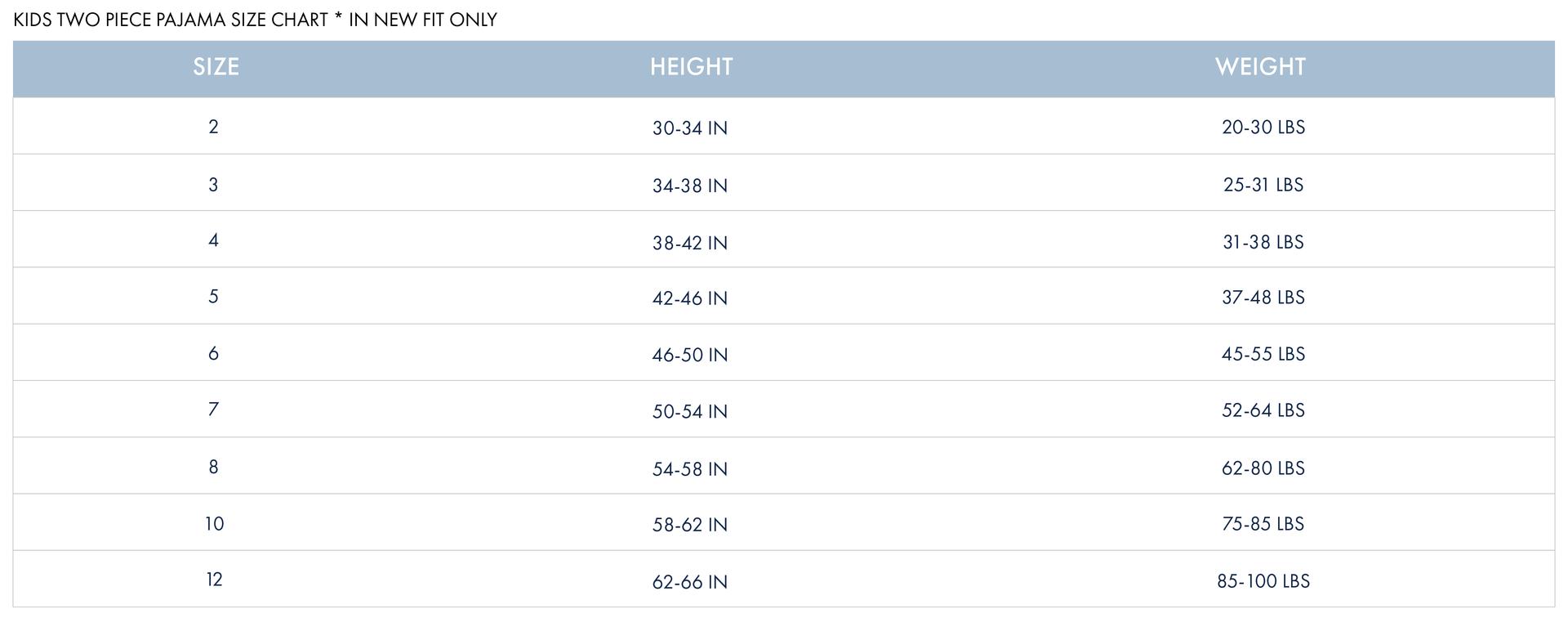 Two-Piece Pajama Size Chart – Joy Street